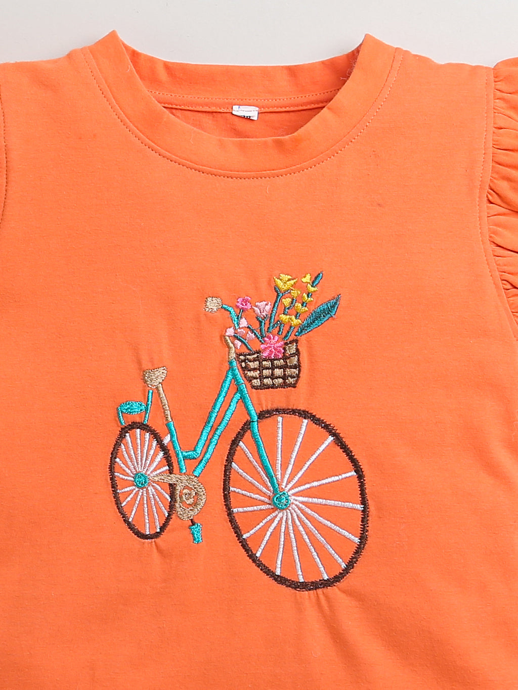 Orange Frill Sleeve Bicycle Embroidery Girls T-shirt – ZipZapZoop