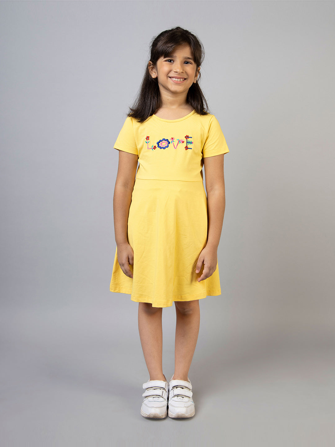 Yellow Half Sleeves Love Embroidered Girls Dress – ZipZapZoop