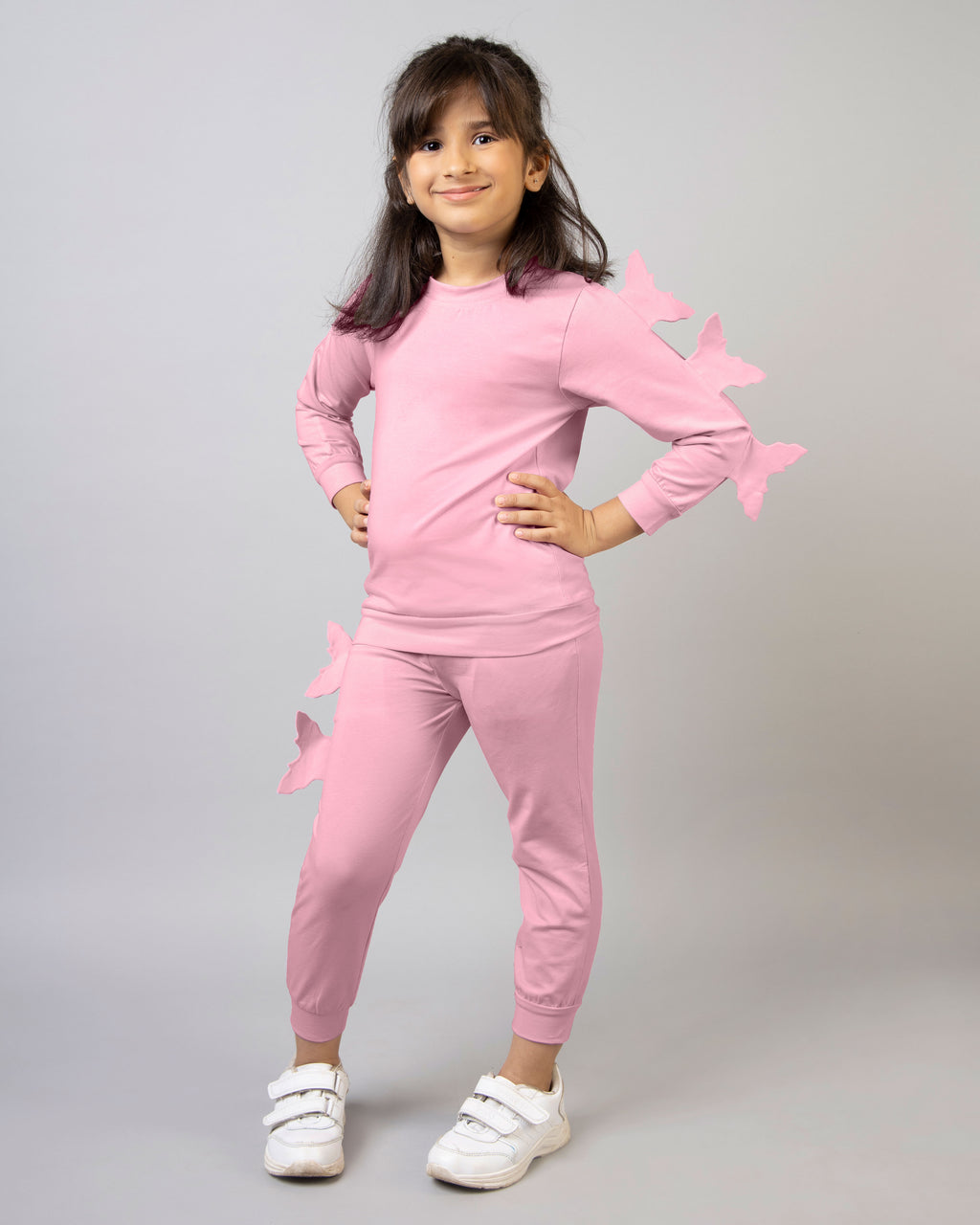 Pink Full Sleeve Round Neck Butterfly Girls Tracksuit Co-ord Set ...