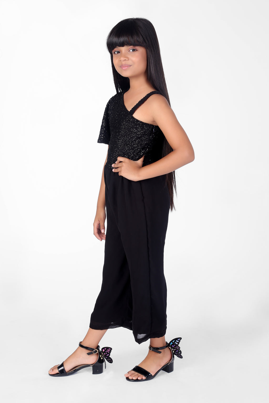 Black Self Designed Short one Sided Sleeve Jumpsuits – ZipZapZoop
